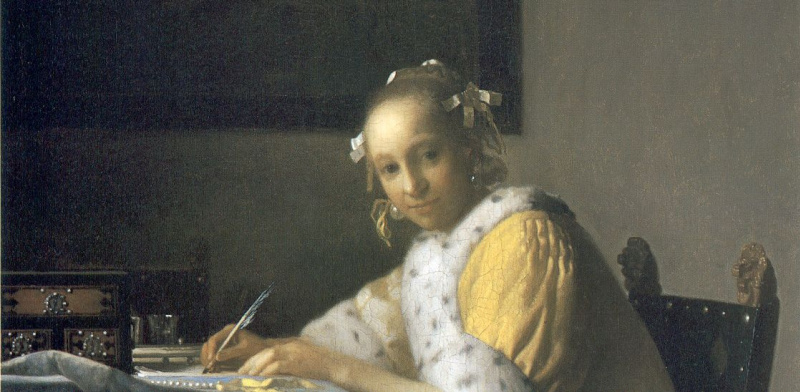 Jan Vermeer Lady writing a letter. Fragment, 1665 : Descriptif de l ...