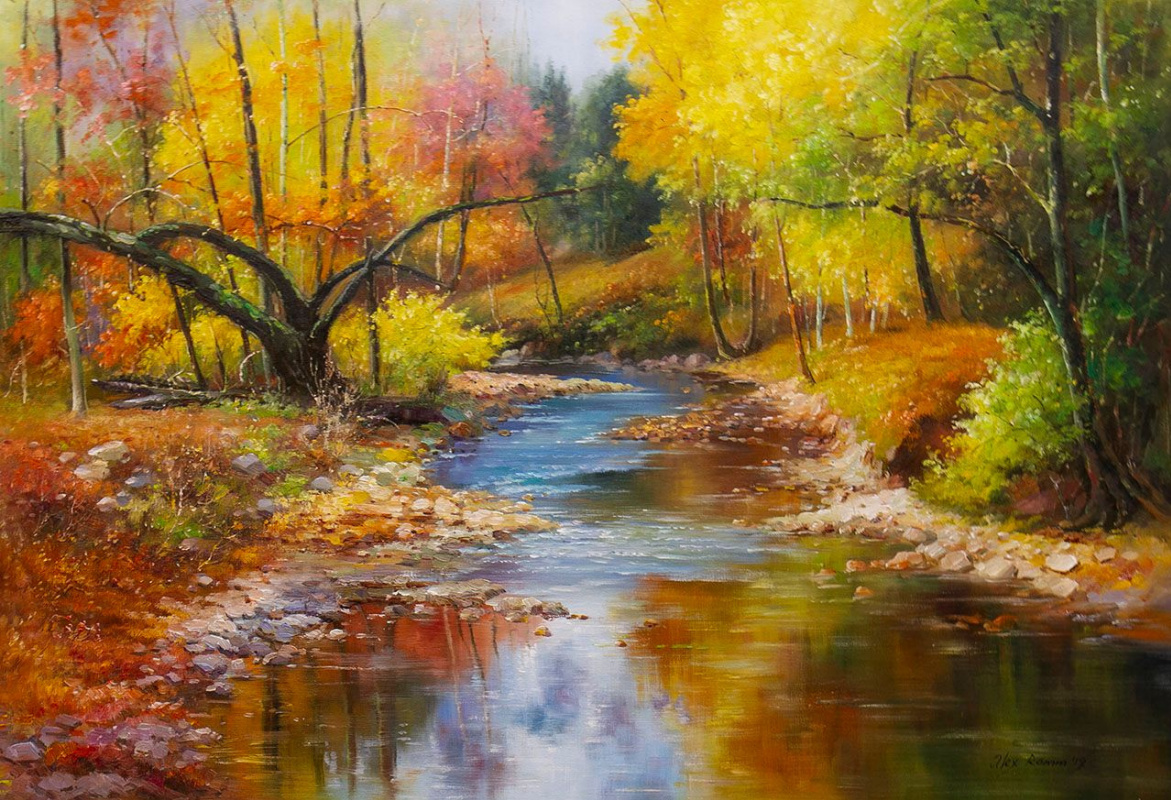 Buy artwork: Alexander Romm - Ruisseau dans la forêt. Paysage aux ...