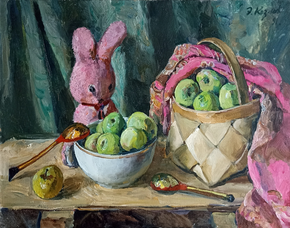 Still Life of Pink Bunny and Green Apples, 1991, 70×55 cm by Engels ...